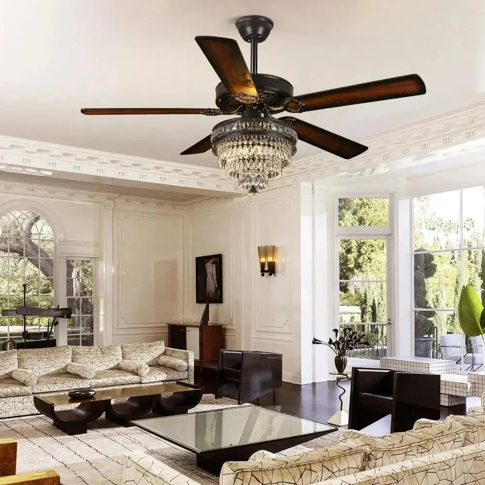 5-Blade Remote Control Crystal Ceiling Fan with Lights – EMFURN