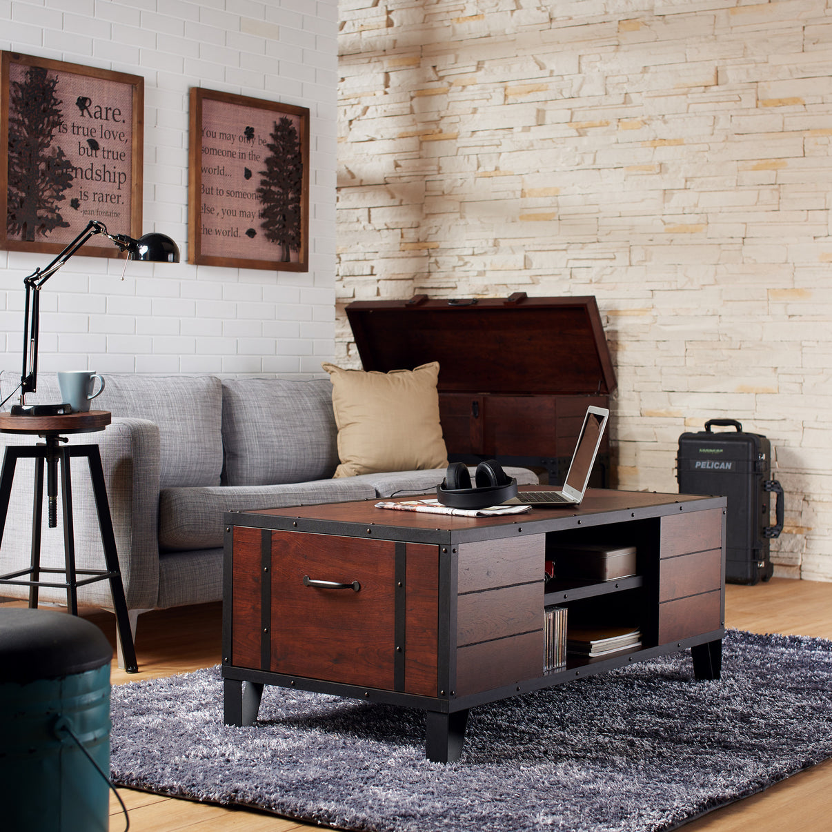 Fraser Industrial Storage Coffee Table in Vintage Walnut – EMFURN